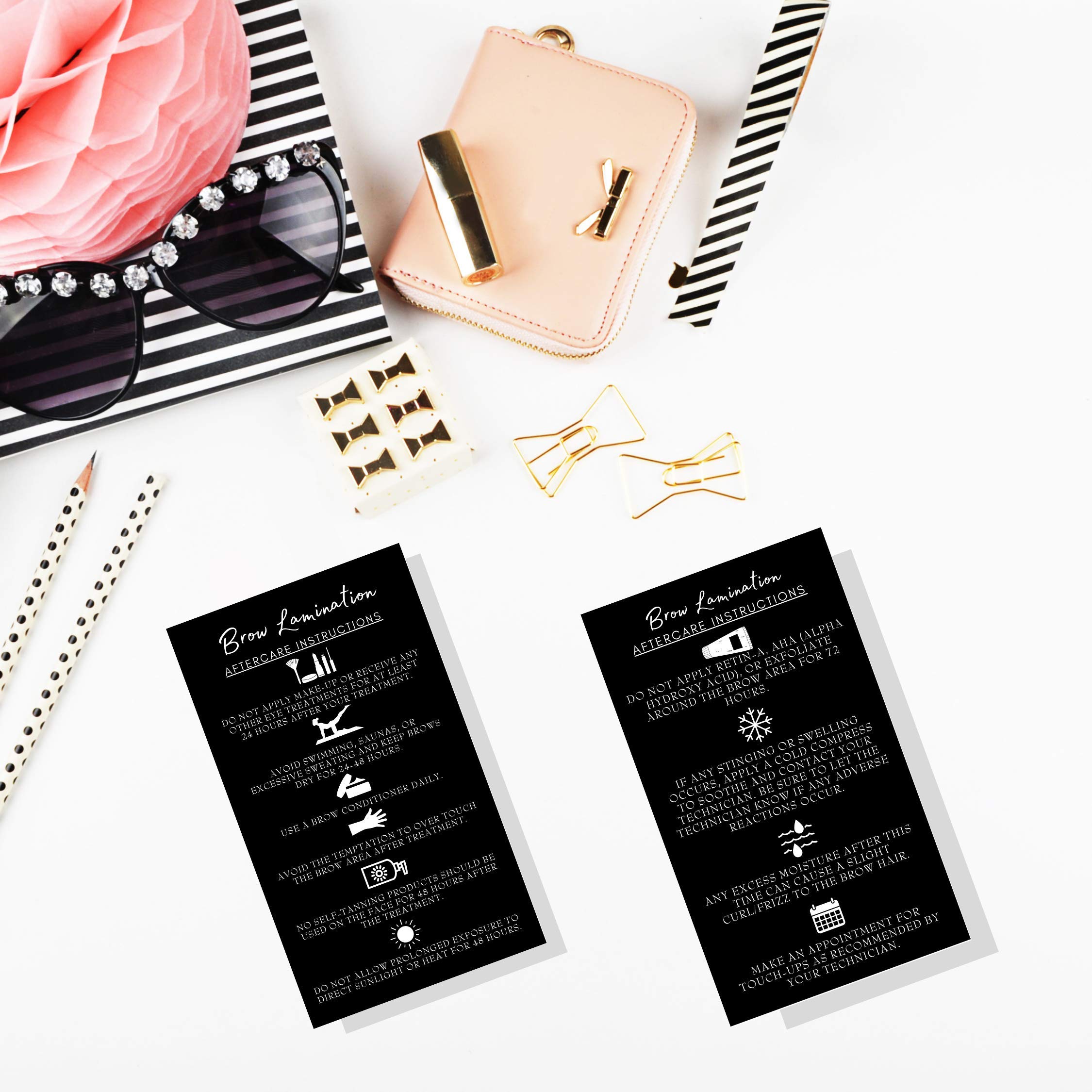 Brow Lamination Aftercare Instruction Cards | 50 Pack | 2x3.5β inches Business Card Size | Starter Lift Kit At Home DIY Brow Lift and Tint | Snatched Brows Black with White Icons Design