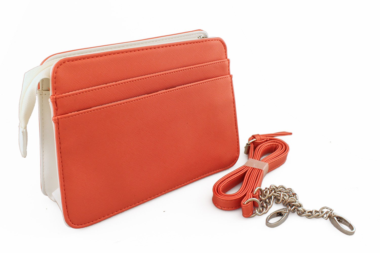 Pouchee Avi Vegan Leather Purse Organizer that doubles as a Clutch and Cross Body Bag (Coral/Cream)