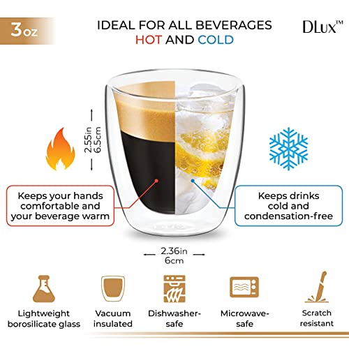 DLux Espresso Coffee Cups 3oz, Double Wall, Clear Glass set of 4 Glasses, Insulated Borosilicate Glassware Tea Cup