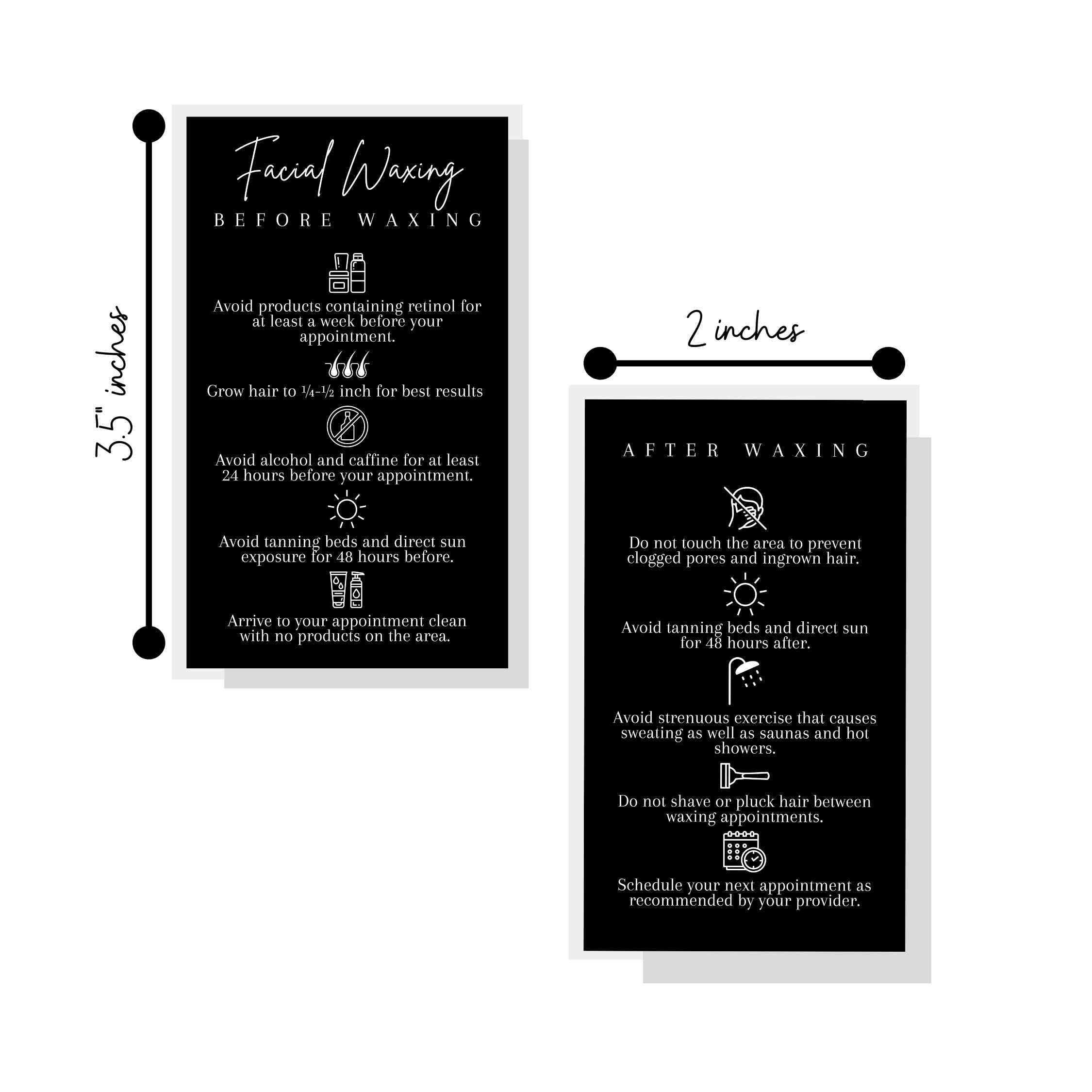 Facial Waxing Before & After Instruction Card | 50 Pack | 2x3.5β in Business Card | Waxing Supplies | Facial Waxing Instructions Cards for Estheticians Using Hard or Soft Wax | Black and White Design