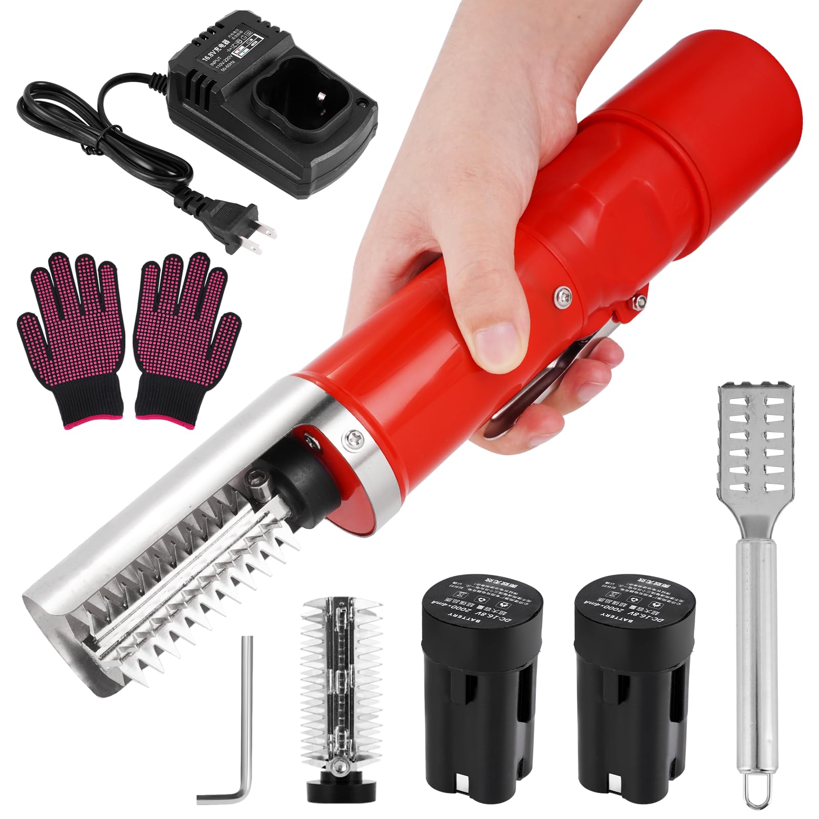 Electric Fish Scaler Scraper Remover, Powerful Cordless Fish Scale Descaler Cleaning Tool with Extra Battery and Blade for Left-Handed and Right-Handed People Scraping Fish Scales (Red)