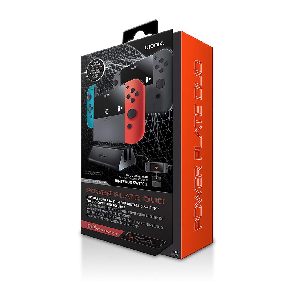 Bionik Power Plate Duo Charging Grips: Compatible with Nintendo Switch, 2 Slim 5500 mAh Battery Packs, Recharge Switch or 2 Joy Cons 3 Times, Dual Charging Dock, 2 Carrying Bags, 2 USB C Adapters
