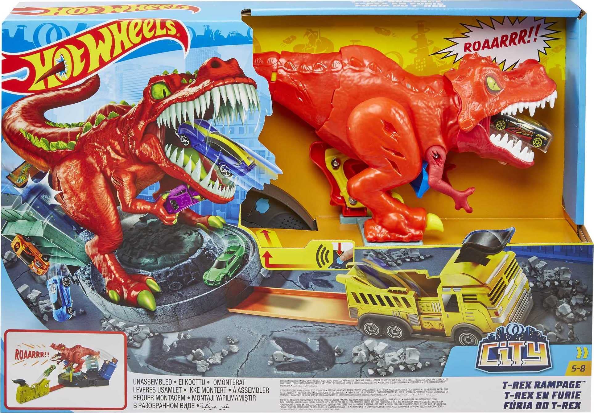 Hot Wheels Toy Car Track Set, T-Rex Rampage Playset & 1:64 Scale Vehicle, Launch into the Giant Dinosaur