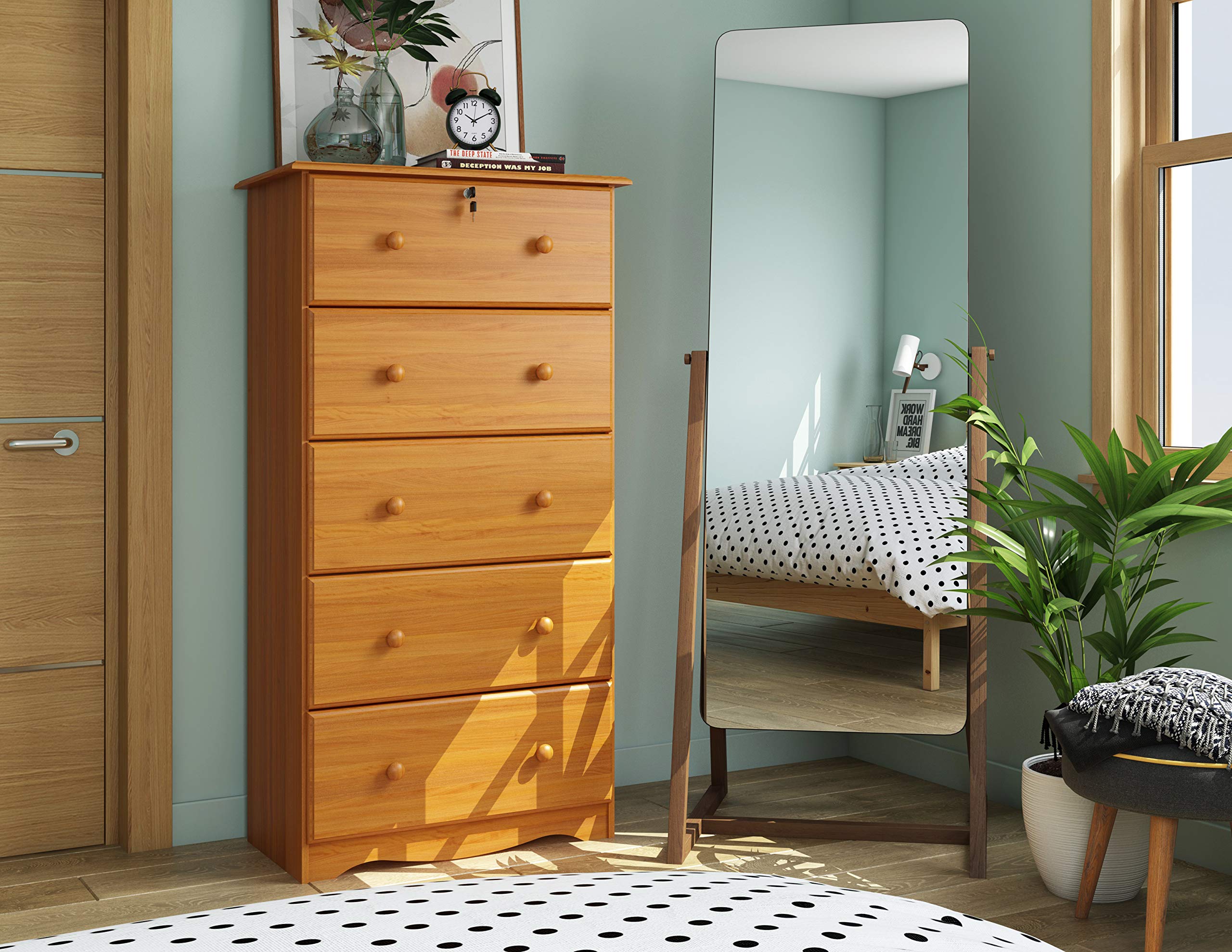 Palace Imports 100% Solid Wood 5-Super Jumbo Drawer Chest with Lock, Honey Pine, 31.75”w x 59.75”h x 17” d, Lock and Key Included. Requires Assembly.