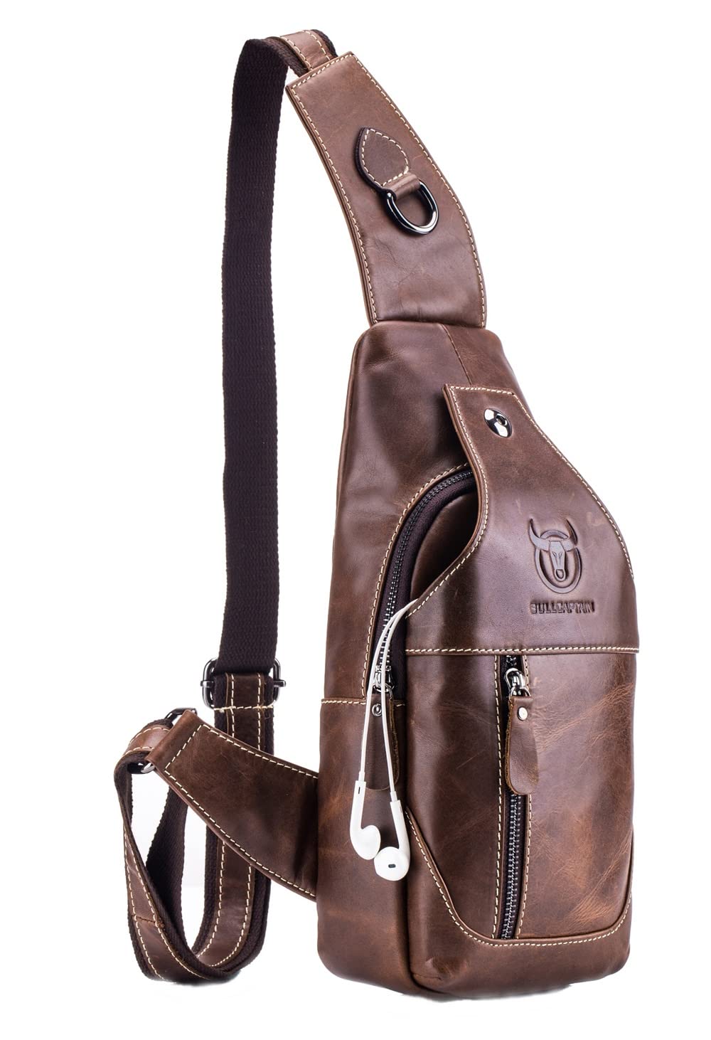 BULLCAPTAIN Leather Men's Sling Backpack Multi-pocket Crossbody Chest Bags Travel Casual Backpack with Earphone Hole (Black)
