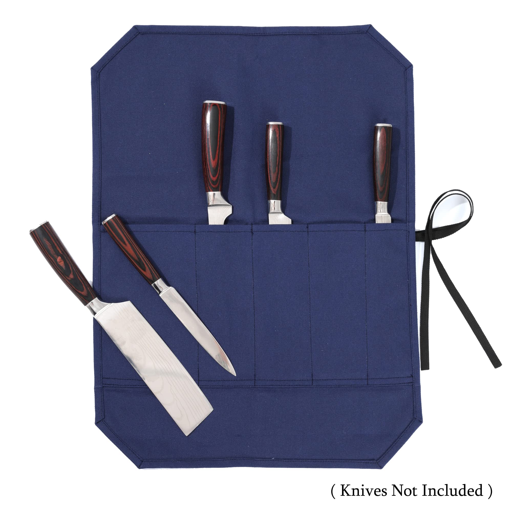Chef Knife Roll, Heavy Duty 16OZ Waxed Canvas Knife Roll, 5 Slots Knife Bag with Professional Cut Resistant Fabric, Blue (21"L x 15.5"W)