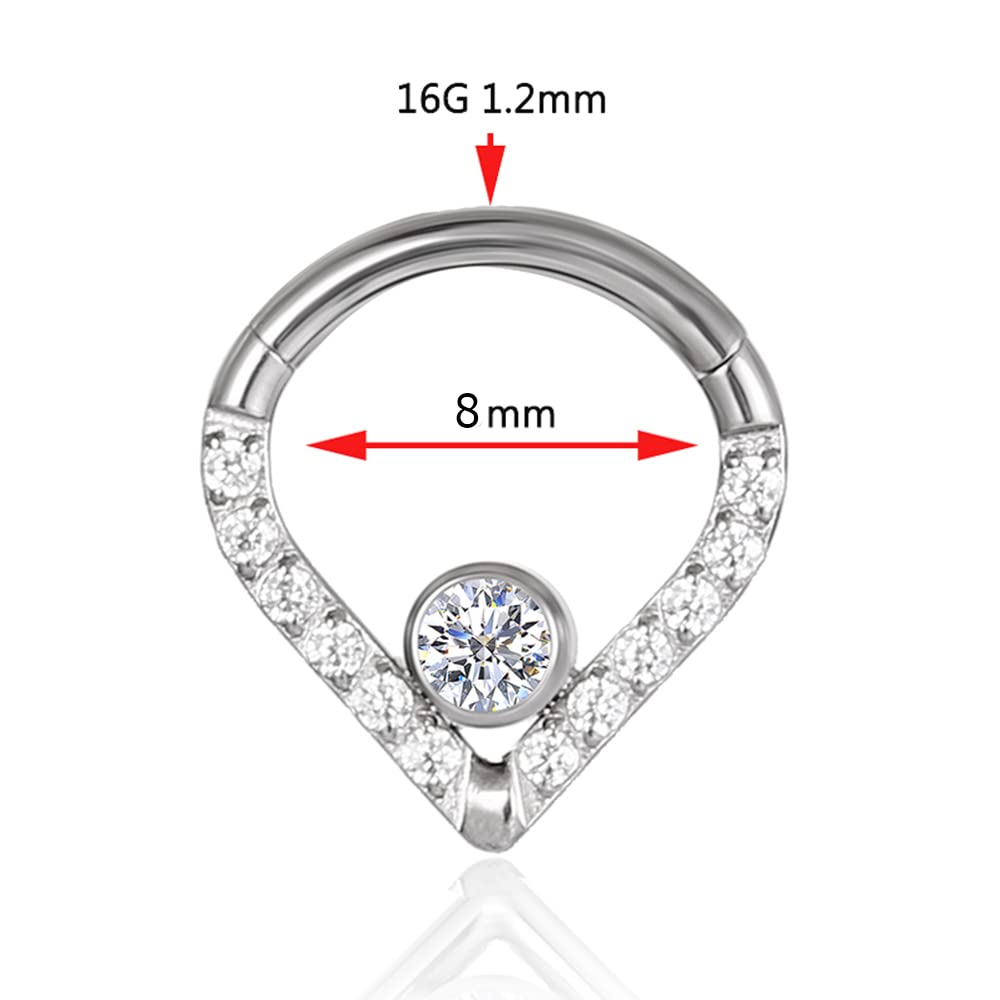 BCBODYG23 Piercing Nose Ring Titanium Daith Earring Hoop Solid G23 Cartilage Tragus Helix Rings 16G (8mm, Synthetic Zirconia)