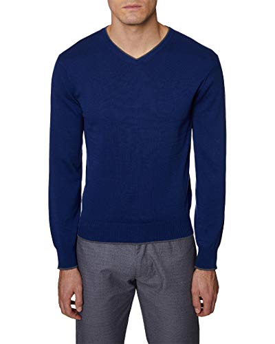 Hickey Freeman Men's Long Sleeve V Neck Sweater, Indigo, Large