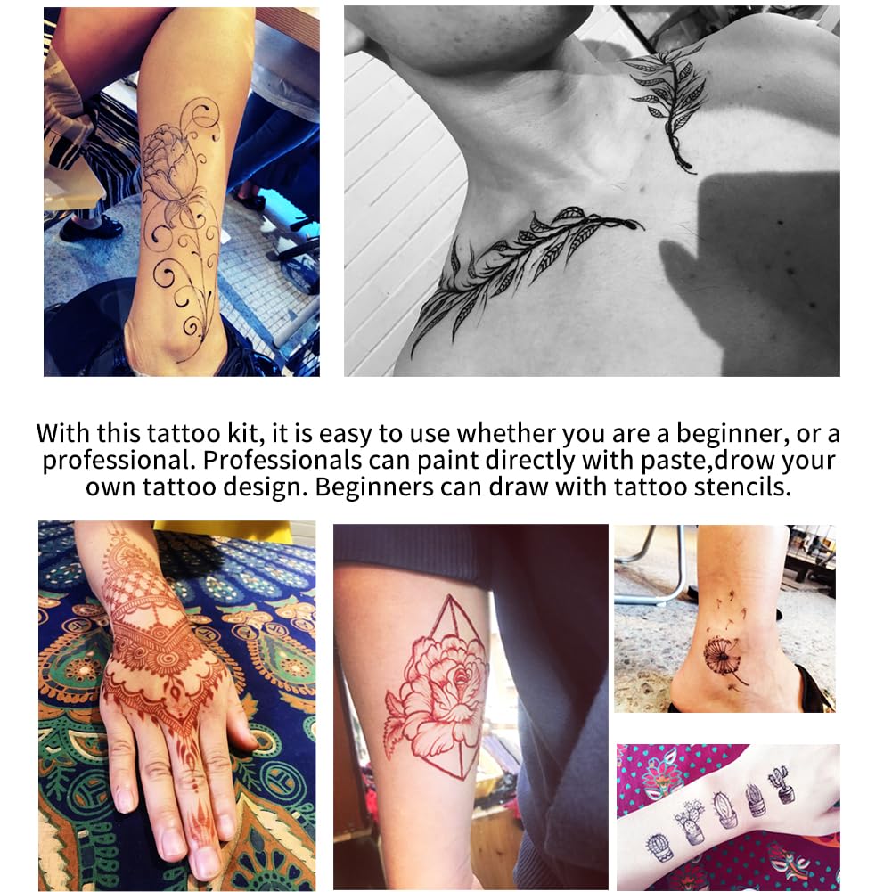 BKDRL 95 Pcs 3 Pages Tattoo Stencils,4 Pcs 3 Color Temporary Tattoo Kit, Black Brown Maroon