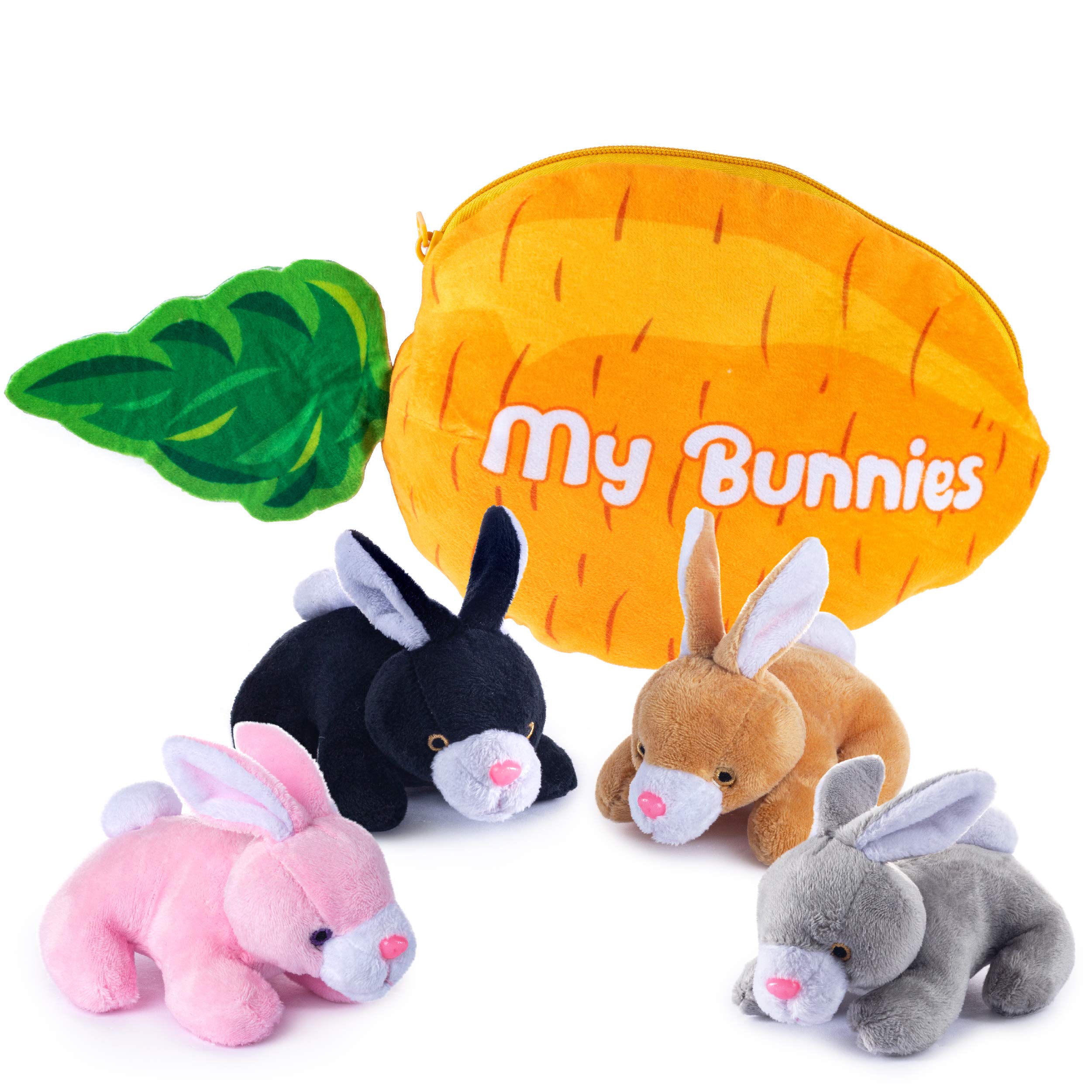 My Bunnies Plush Toy Set | Includes 4 Talking Fluffy Rabbits | Gray, Tan, Pink, and Black Bunnies with A Plush Carrot Shaped Carrier | Great Gift for Baby and Toddler Girls or Boys