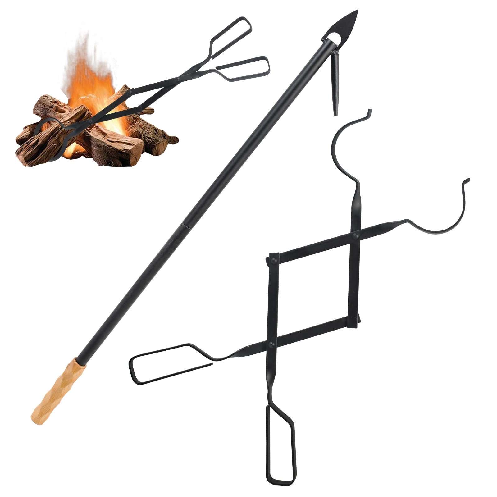 DTNESS 40" Fireplace Poker and 25" Fire Tongs, Heavy Duty Log Firewood Grabber Set, Long Fire Pit Campfire Poker Stick Tools, Wood Burnner Accessories for Indoor & Outdoor Wood Stove/Camping/Bonfires