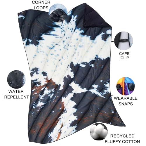 Bedvcaty Camping Blanket, Puffy Waterproof Travel Blanket, Warm Cozy Picnic Blanket, for Outdoors, Travel, and Mountain.(Cow, 78" x 56")