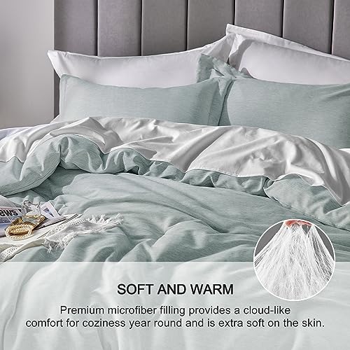 CozyLux Queen Size Comforter Set - 3 Pieces Sage Green Soft Luxury Cationic Dyeing Bedding Comforter for All Season, Breathable Lightweight Fluffy Boho Bed Sets with 1 Comforter and 2 Pillow Shams