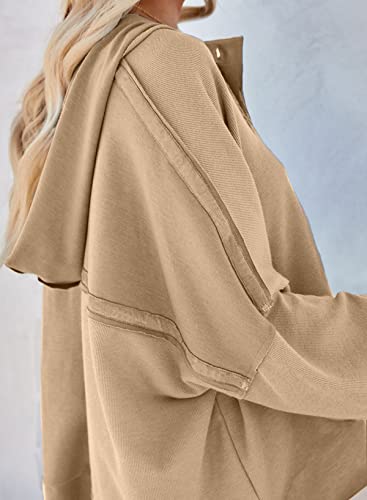 Dokotoo Casual Loose Long Sleeve Hoodies for Women Fashion Solid Button Down Batwing Sleeve Hooded Sweatshirt Khaki Large
