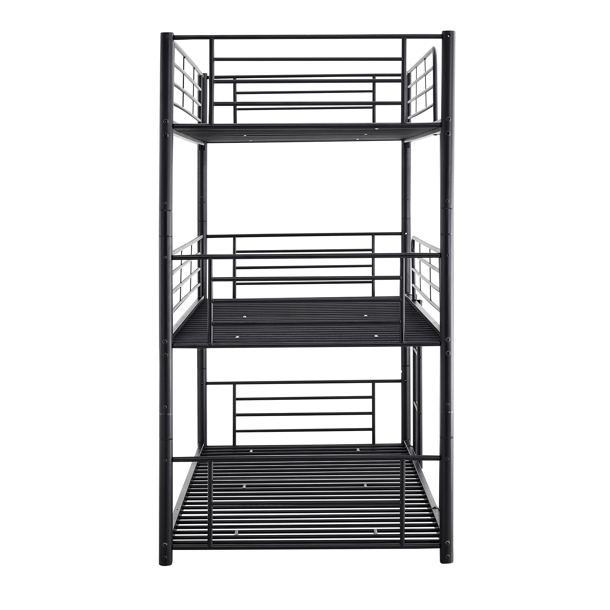 Majnesvon Metal Twin Size Triple Bunk Bed, Twin-Over-Twin-Over-Twin Triple Bed Frame Can be Split into 3 Bed with Built-in Ladder and Guardrails for Teens, Boys, Girls (Black)
