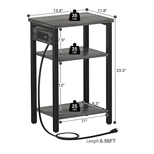 Cyclysio End Table Set of 2 with Charging Station, 3 Tier Small Nightstand with Storage Shelf, Slim Side Table with USB Ports & Outlets, Modern Sofa Bedside Table for Bedroom, Living Room, Gray Oak