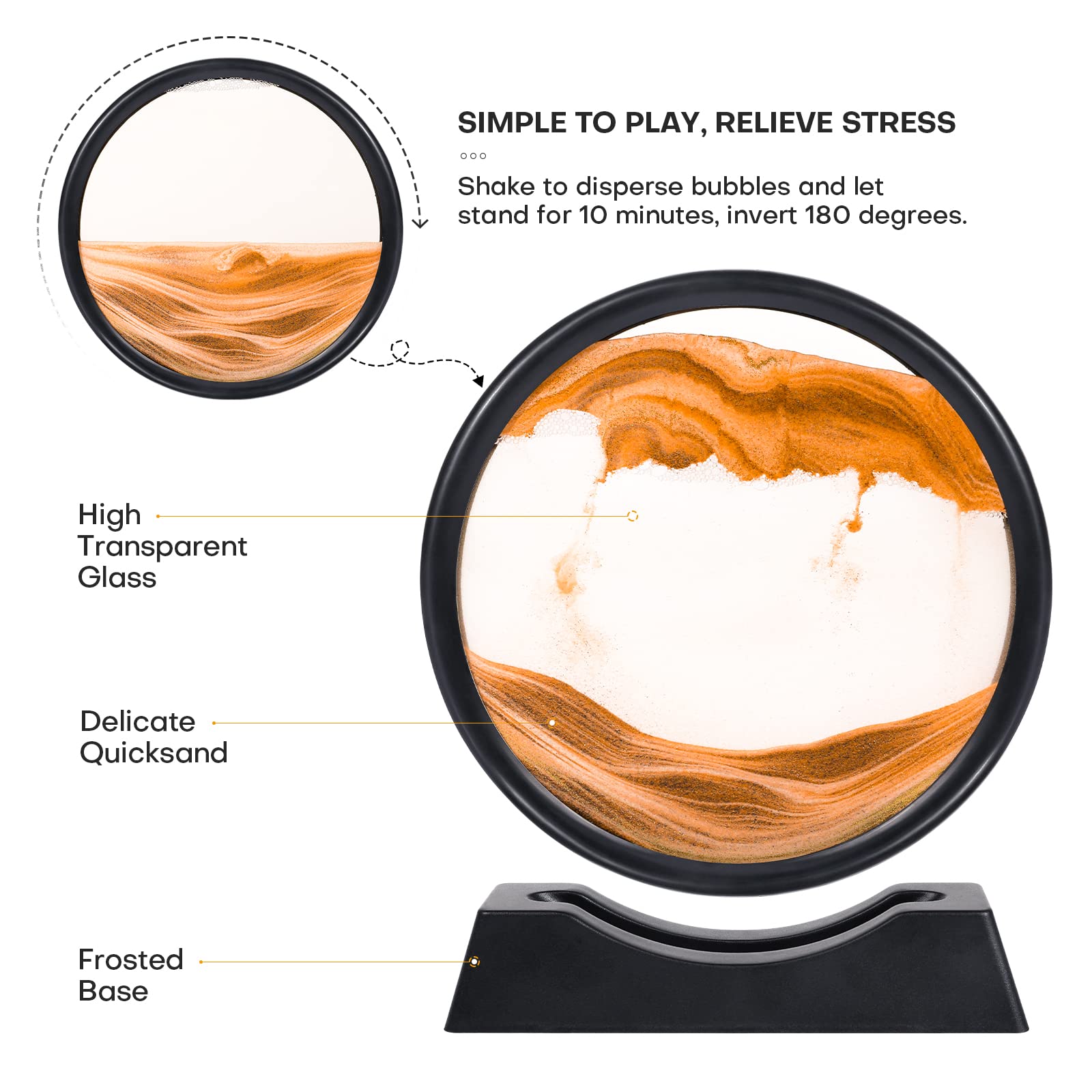 Moving Sand Art Picture 3D Deep Sea Sandscape Liquid Motion Display Flowing Sand Frame Round Glass 3D Quicksand Painting Decor Relaxing Art Desktop Toys Home Office Decoration (7in, Orange)