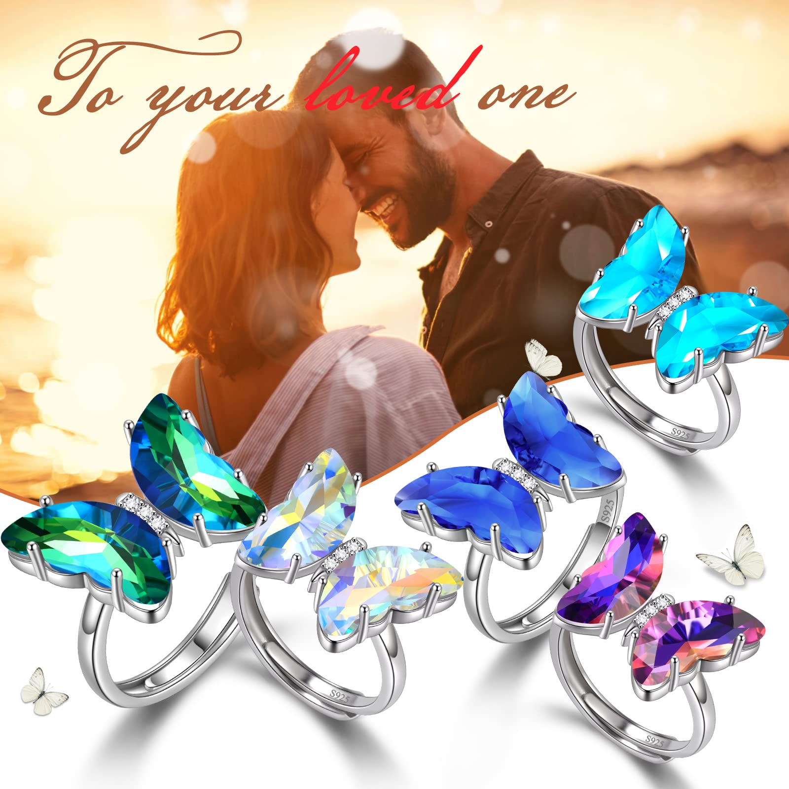 Blue Butterfly Heart Ring Adjustable Women 925 Sterling Silver Animal Butterflies September Created Sapphire Birthstone Sapphire Open Ring Crystal Wedding Birthday Jewelry DR0133S