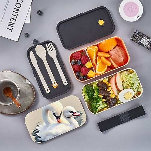 Cute Little Swan Adult Lunch Box, Bento Box, With Cutlery Set Of 3, 2 Compartments, Rectangular, Lunch Box For Adults