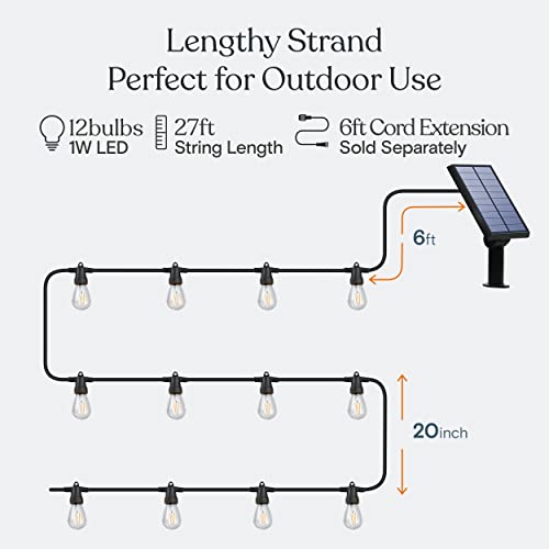 Brightech Ambience Pro β Solar Power Remote Control Outdoor String Lights with Edison Bulbs β 12 Shatterproof, Commercial Grade LED Waterproof Patio Christmas Lights β 1W, 3,000K, Non-Hanging, 27 ft