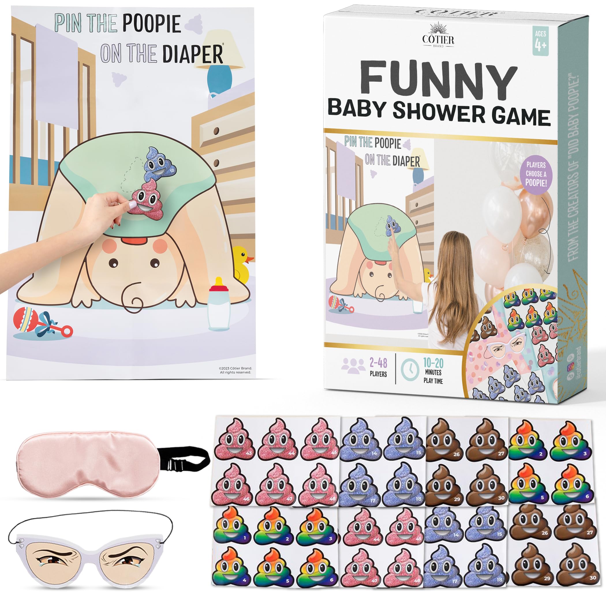Pin the Poopie on the Diaper Boy Baby Shower Game - Hilarious Baby Shower Game with Vibrant Stickers - Perfect for Gender Reveal, Coed or Gender Neutral Party - Funny Baby Shower Idea for 48 Guests