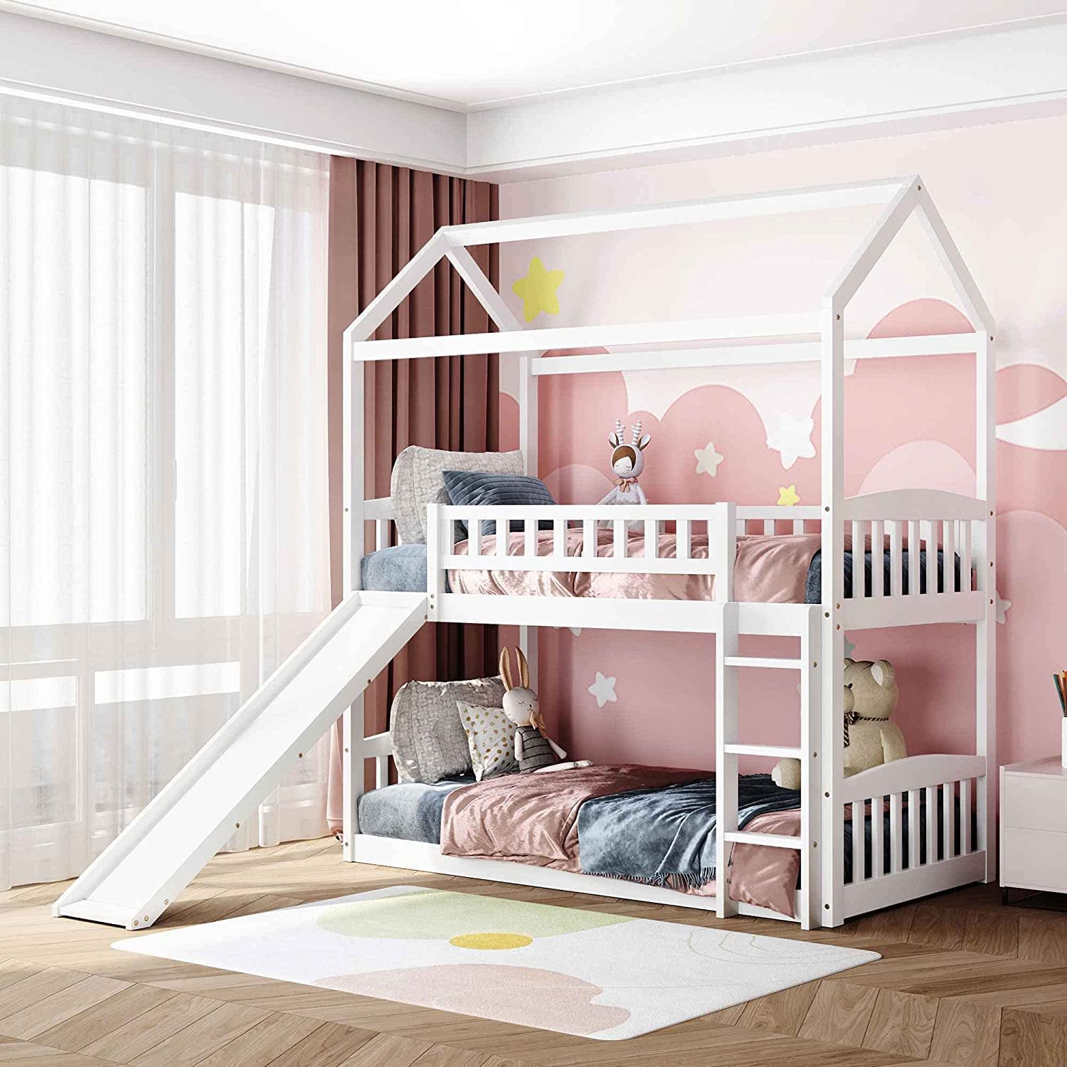 DNYN Twin Size Loft Bed with Slide for Kids Bedroom,Twin-Over-Twin House Shaped Bunkbeds w/Safety Guardrails & Roof Design,Easy Assemble & No Box Spring Need & Space Saving Design, White