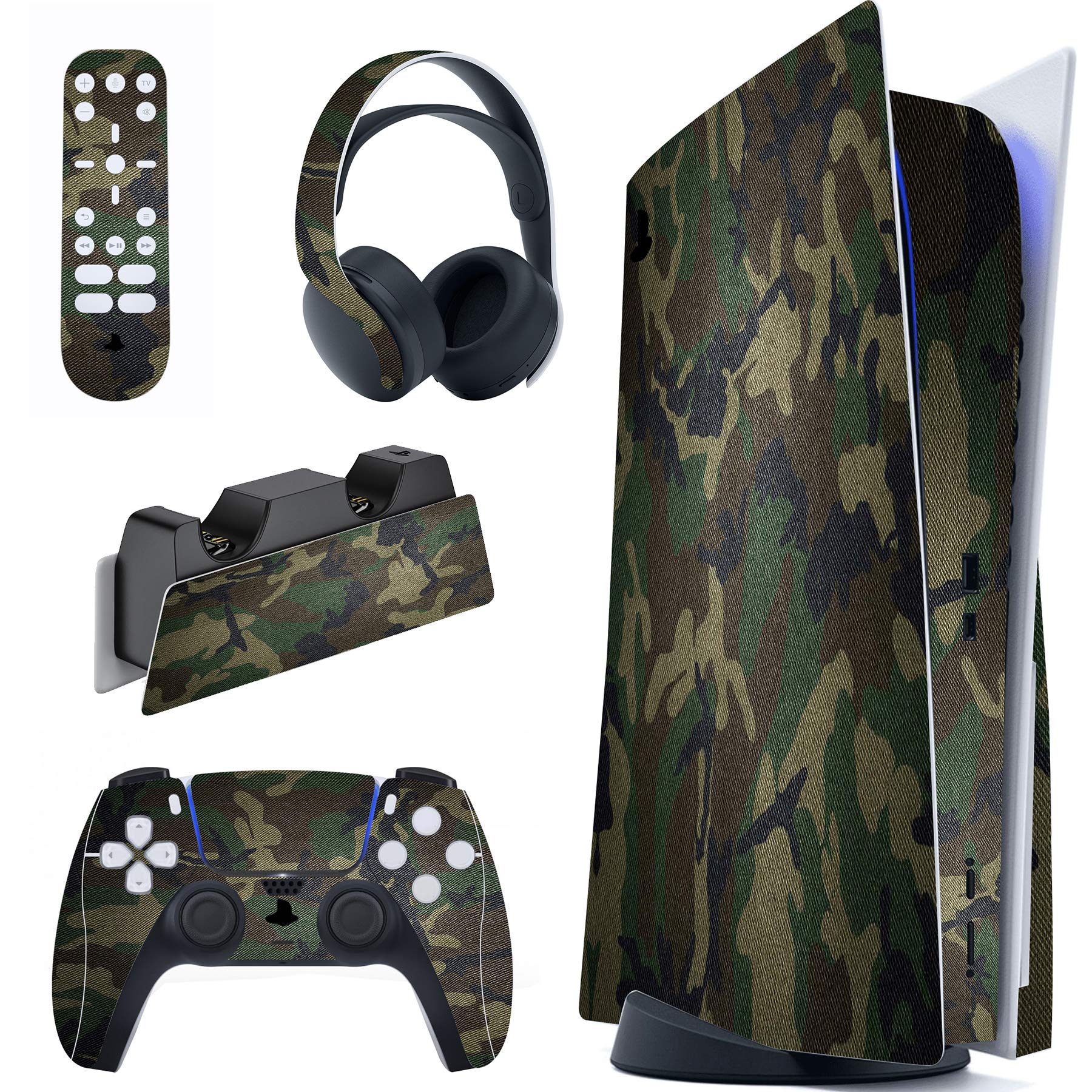 PlayVital Army Green Camouflage Full Set Skin Decal for ps5 Console Disc Edition, Sticker Vinyl Decal Cover for ps5 Controller & Charging Station & Headset & Media Remote