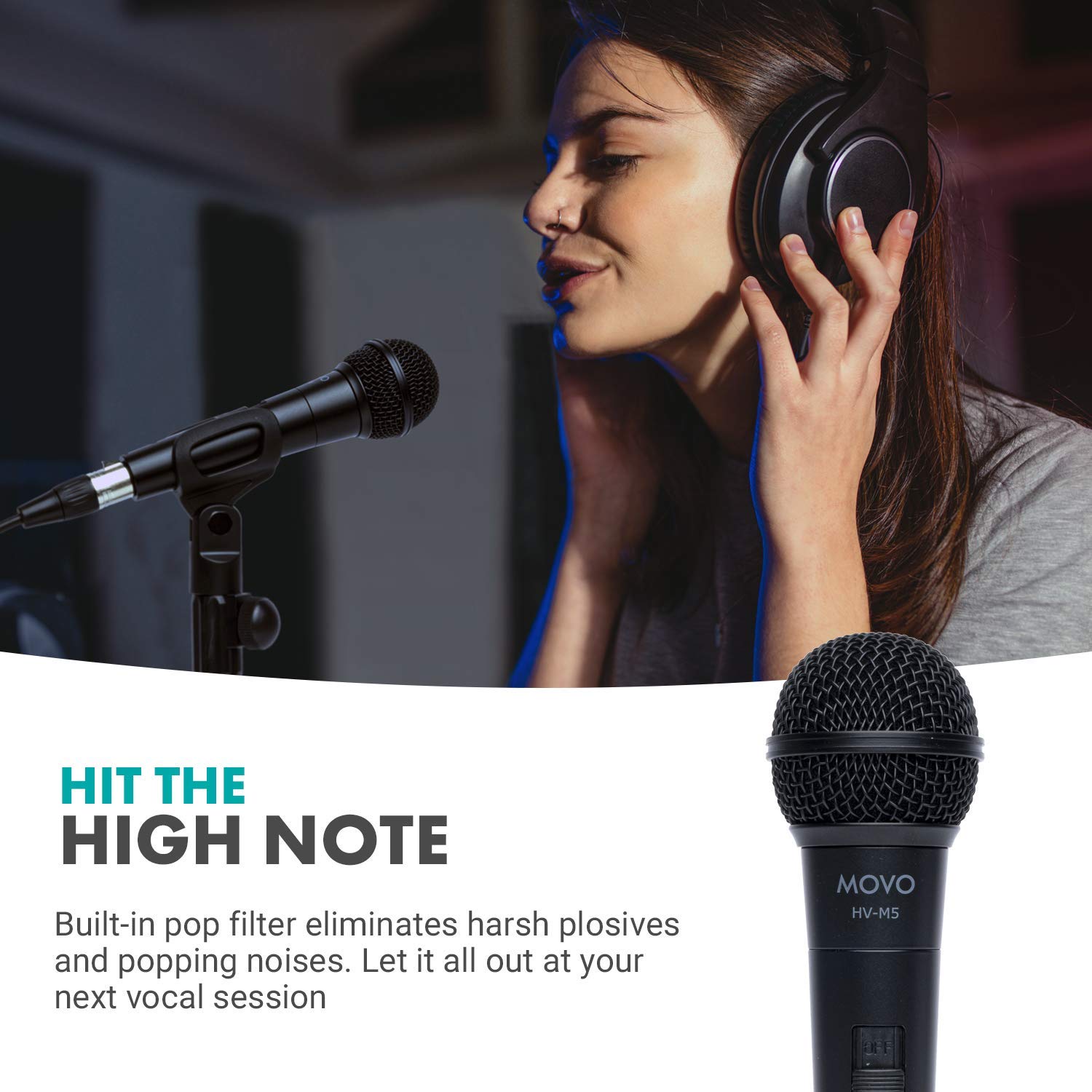 Movo HV-M5 Dynamic Cardioid Vocal Microphone with Internal Shockmount and Windscreen - XLR Compatible Dynamic Microphone with 6.35mm Adapter - Professional Microphone for Singing and Recording