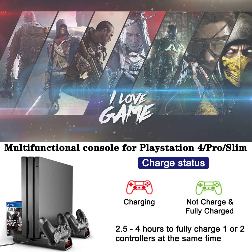Megadream Cooling Fan Stand for PS4, Dual Controller Charge Station for PS4 Slim/PS4 Pro/Playstation 4, Multifunctional Vertical Cooling Stand with LED Indicator, 10PCS Games Storage, 4 Usb Connectors