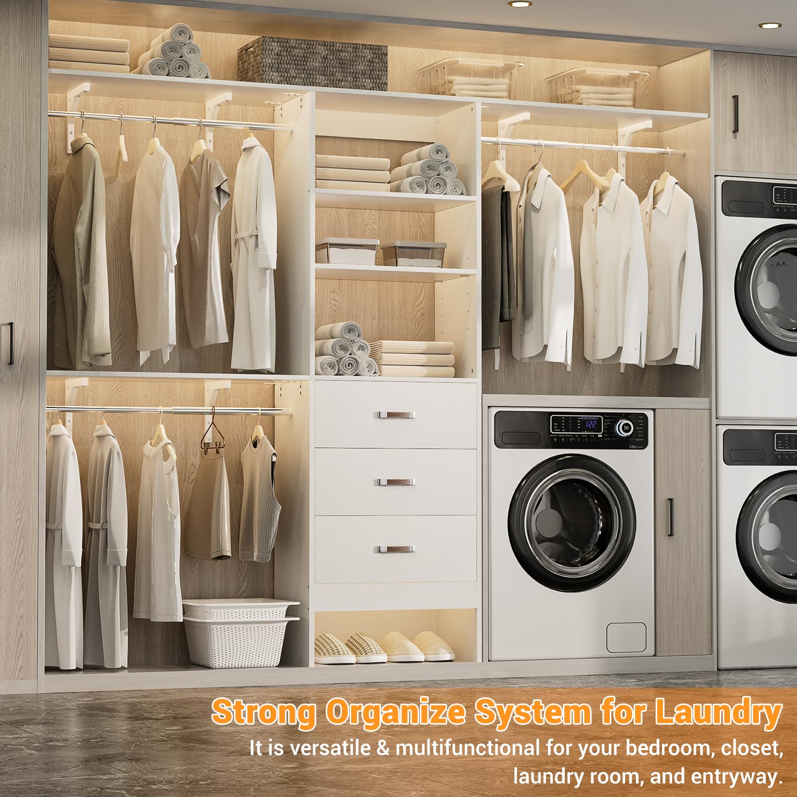 Cyclysio Closet System, 8FT Closet Organizer System with 3 Wooden Drawers, 96'' Walk-in Closet with 3 Hanging Rods & 3 Shelf Tower, Adjustable Wall Mount Closet Organizer, Build-in Garment Rack,White