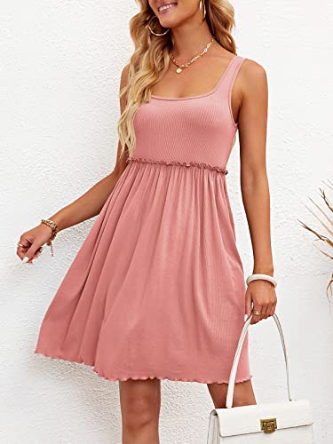 SENSERISE Womens Sleeveless Summer Dress Square Neck Ribbed Knit Sundress Ruffle Flowy Beach Short Mini Tank Dresses(Watermelon Pink,XL)