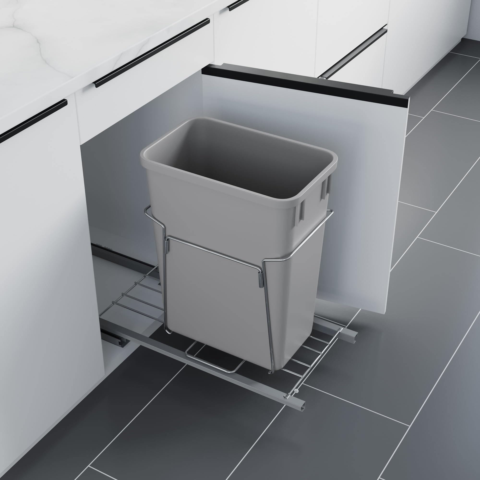 Dowell Alu Bottom Mount Pull- Out Waste Container W/Door Mounting Kit - Single Grey Recycling Bin- for Both 15β Frameless & Face Framed Cabinet -4012 0115 35
