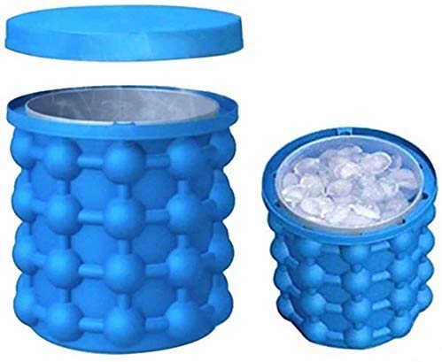BULUSHI Large 2 in 1 Silicone Ice Bucket & Ice Mold with lid,Silicon Ice Cube Maker Genie, Portable Silicon Ice Cube Maker Blue 13.2X13.2X14CM