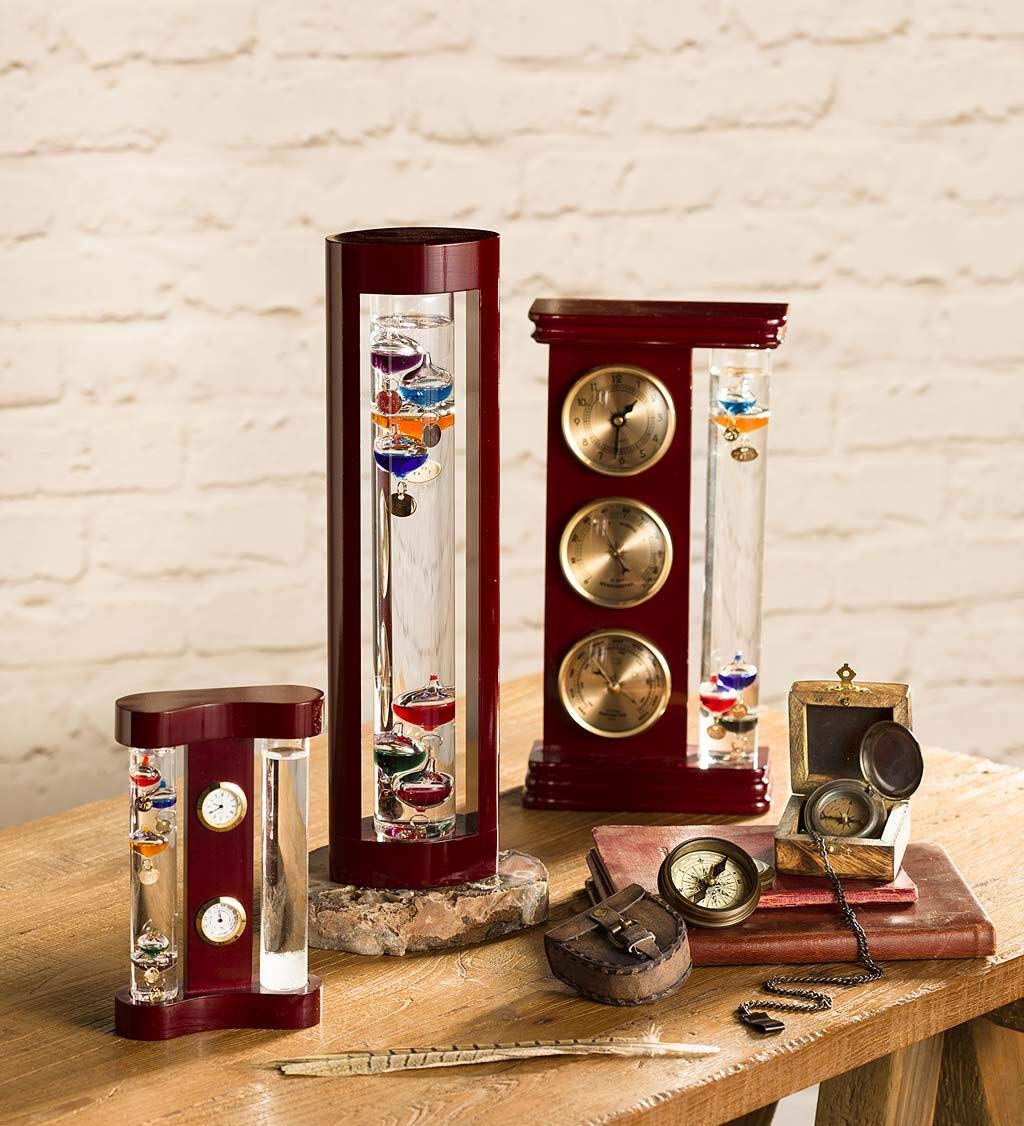 Galileo Glass Thermometer | 14.5-Inches Tall with Cherry Wood Frame | Law of Physics | Indoor Room Temperature for Home House Office Desk Counter Tabletop | Holiday Gift Present
