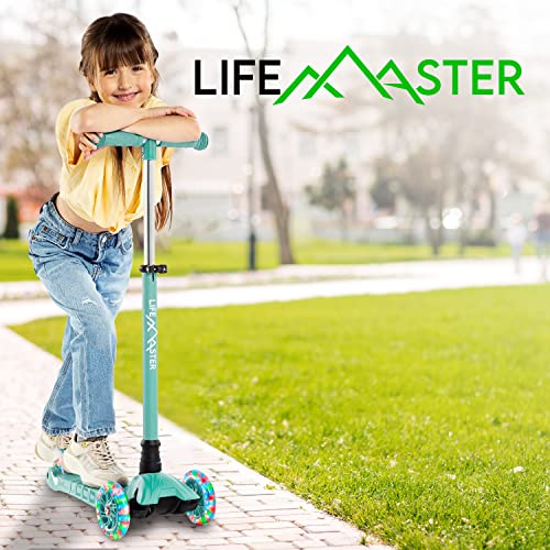 Kids Scooter – Children and Toddler 3 Wheel Kick Scooter – LED Wheel Lights Illuminate When Rolling– Adjustable Handlebar – Indoor and Outdoor Teal - Lifemaster