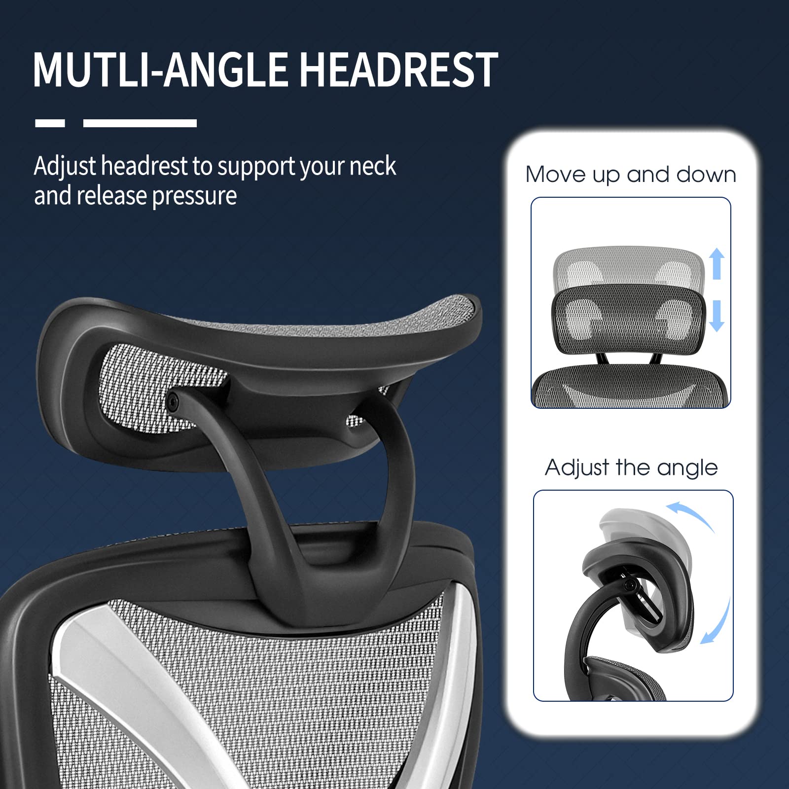 GABRYLLY Office Chair, Large Ergonomic Desk, High Back Computer Chair with Lumbar Support, 3D Armrest, Breathable Mesh, Adjustable Headrest with Tilt Function, Easy Assembly(Grey)