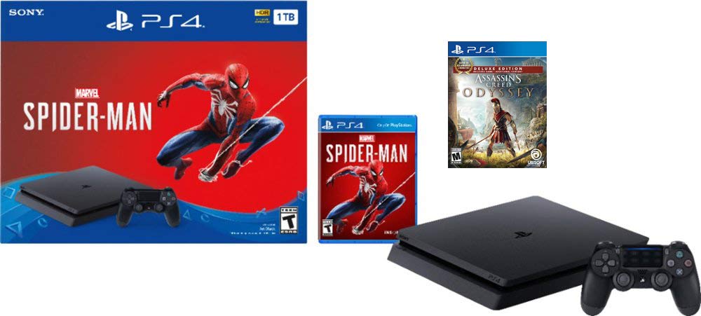 Newest Bundle-PlayStation 4 slim 1TB Console with Marvel's Spider-Man and Assassin's Creed Odyssey Deluxe Edition - Jet Black