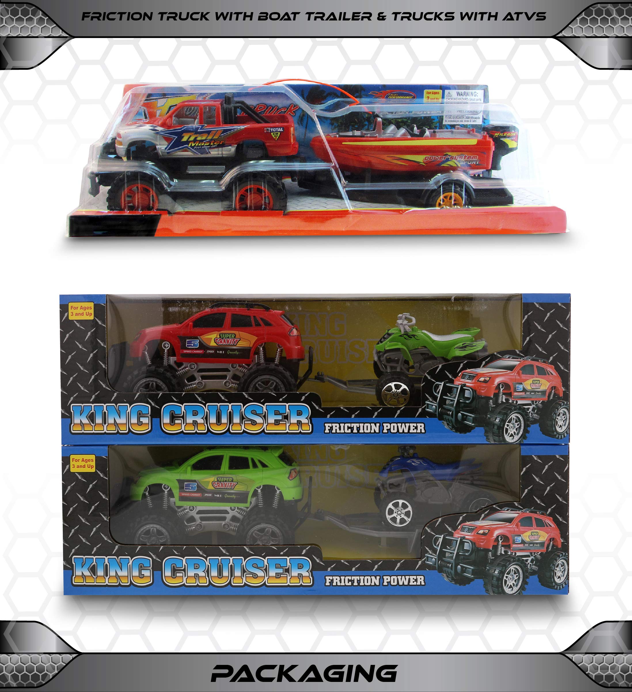 Mozlly Bundle of 2 Friction Powered Monster Trucks with ATV Trailer Playset, Push Powered Monster Truck with Speed Boat Transport Toys - Push & Go