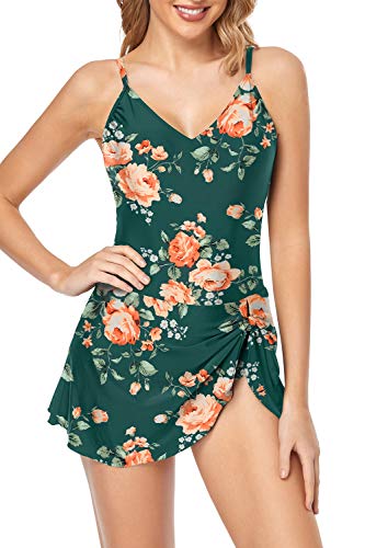 Husmeu Womens Modest One Piece Swimsuits Swimdress Slimming Swim Dress Bathing Suit for Women Tummy Control Swimwear Swimdress Floral Printed XL