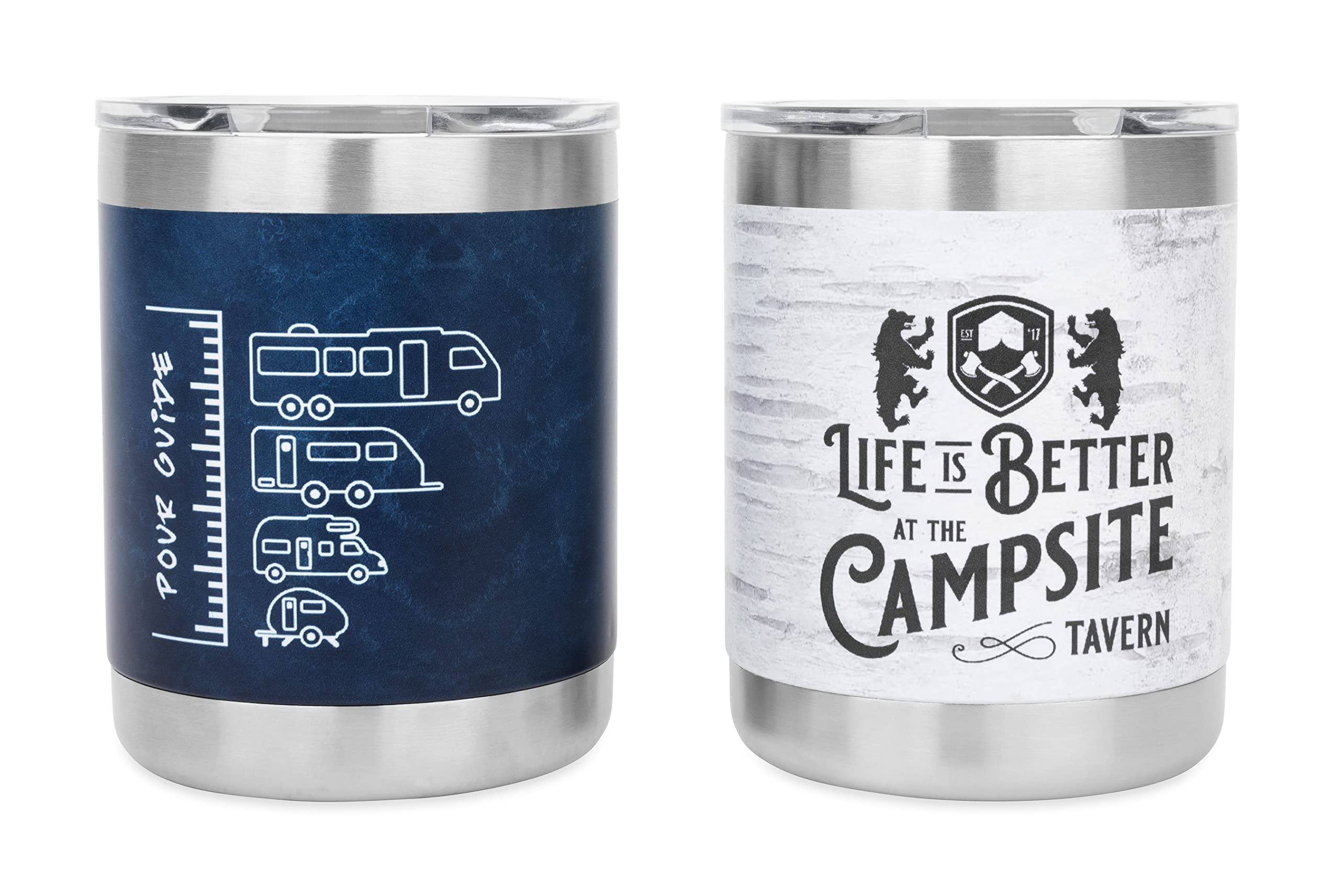 Camco Life is Better at The Campsite Lowball Whiskey Tumblers | Stylish and Insulated Drinkware for Favorite Whiskey or Bourbon | 2-Pack (53328)