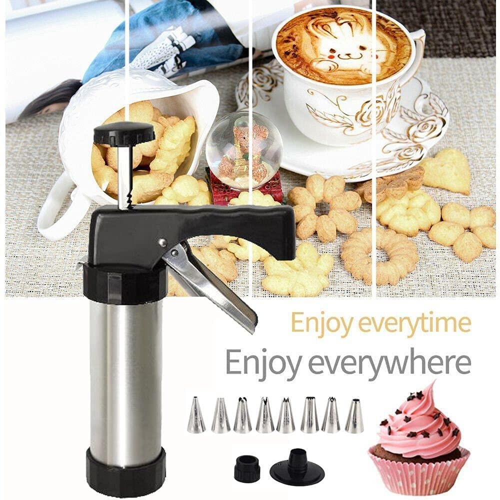 Cookie Press Cookie Press Gun Kit Stainless Steel Cookie Press Gun 13 Cookie Mold Discs 8 Piping Nozzles Cookie Press Christmas Party Fest Decoration DIY Biscuits Cake Decorating Icing Tool
