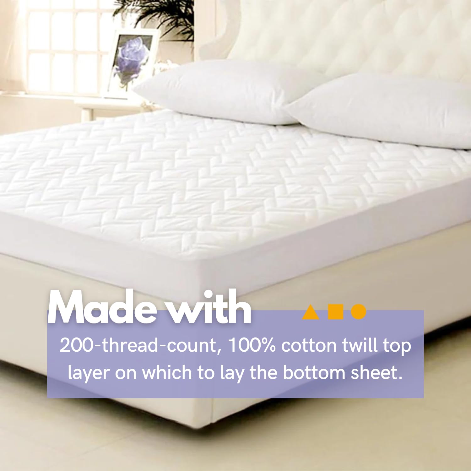 Down Etc Hotel Waterproof Mattress Pad Lily Pads® 100% Cotton Twill Diamond Quilted Bed Protector with Fitted Skirt, Queen Size, White