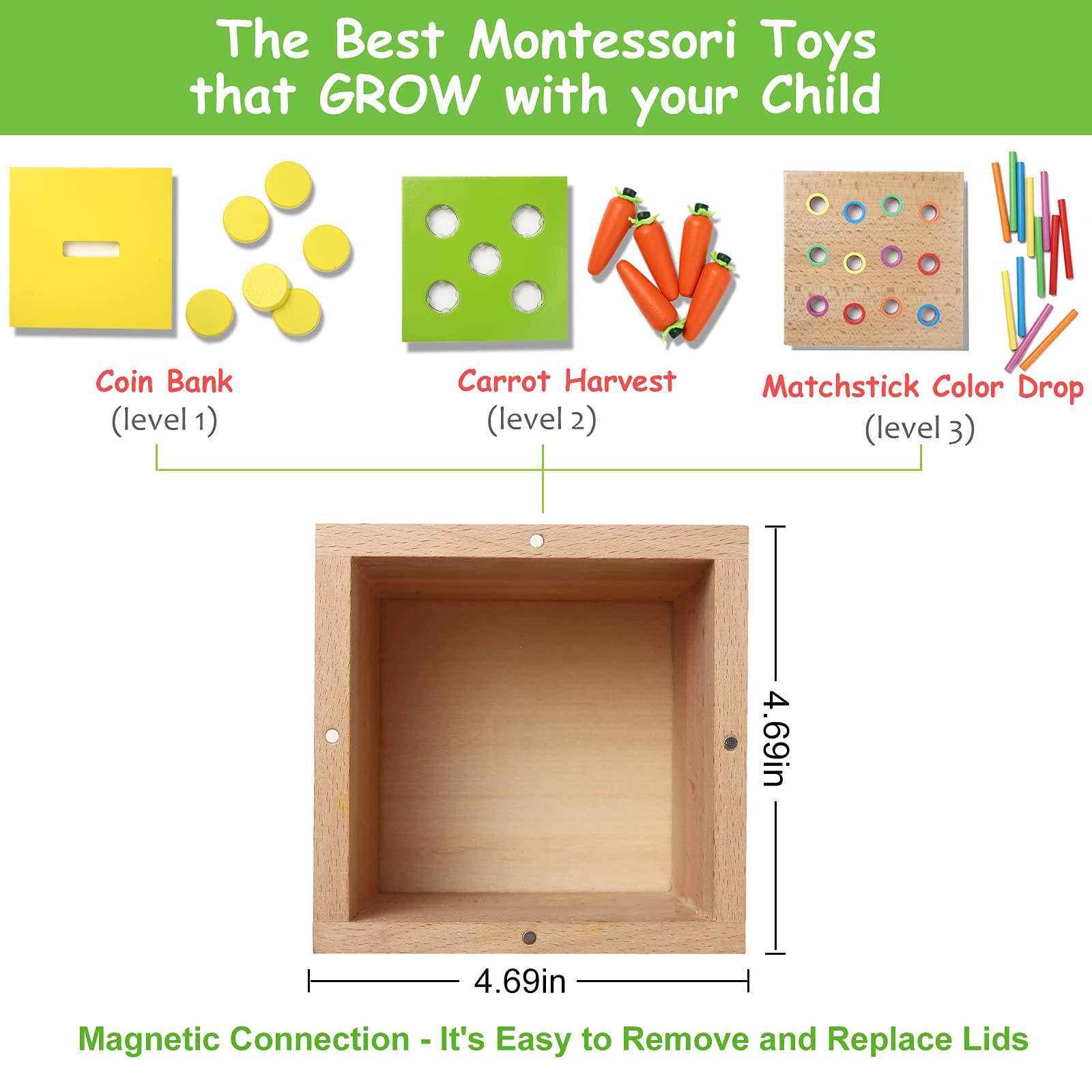 nanayo 4-for-1 Play Kit Includes Object Permanence Box, Montessori Coin Carrot Harvest Game, Matchstick Color Drop Game – Toys for Babies 6-12 Months, 1 Year, 2 Year and 3