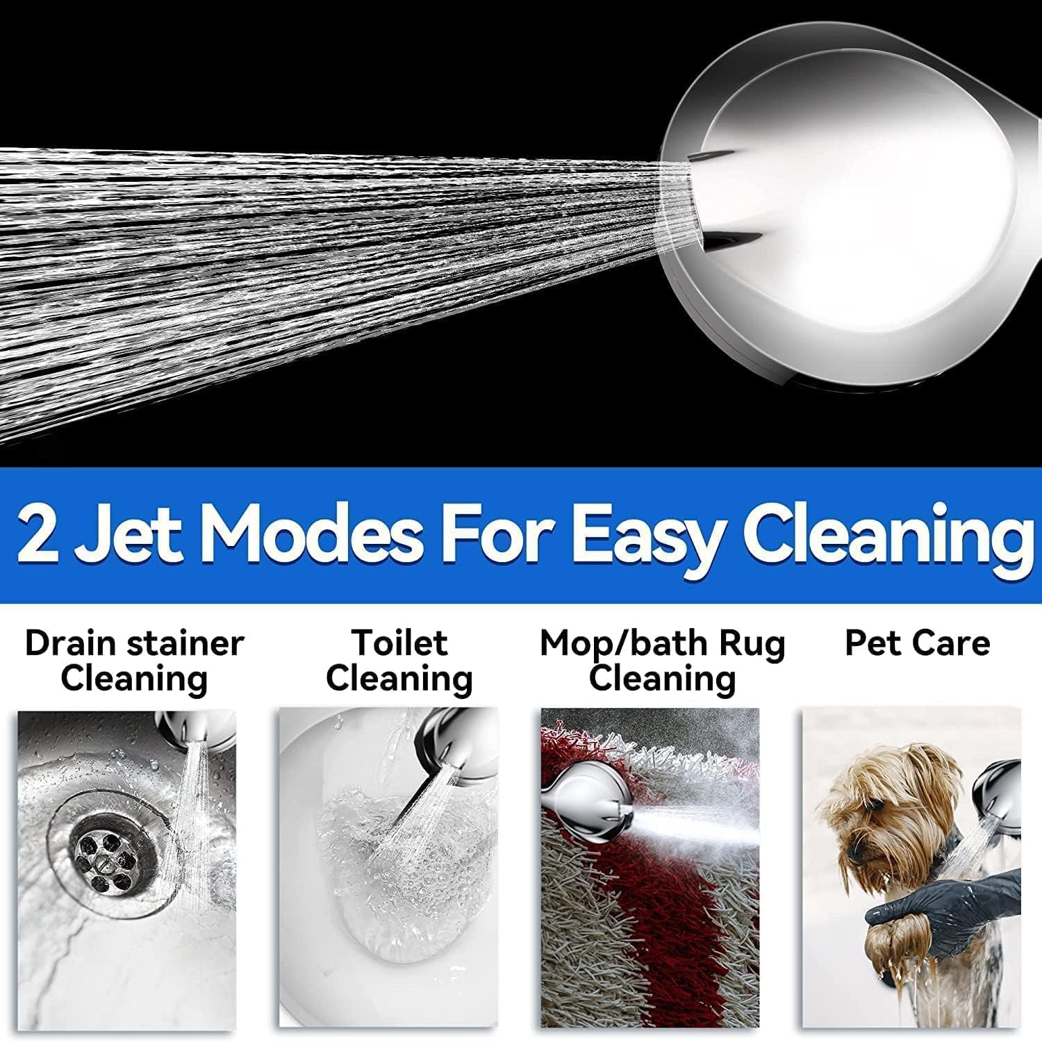 High Pressure Shower Head with Handheld, 10 Spray Settings Water Saving Shower Heads with Stainless Steel Hose,Holder & PTFE Tape, Wider Silver Face for Tubs Tiles Walls Pets Cleaning, Black