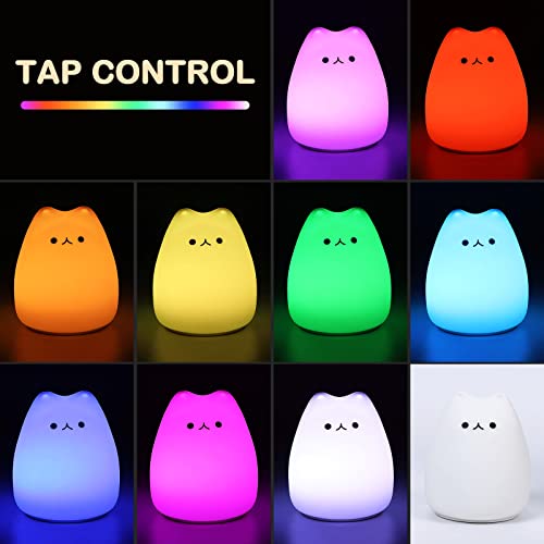 Litake Cat Night Light for Kids, Battery Powered Cat Lamp with Tail, Warm White and 9-Color Changing LED Silicone Cute Nursery Lights for Baby Kids Girl Room