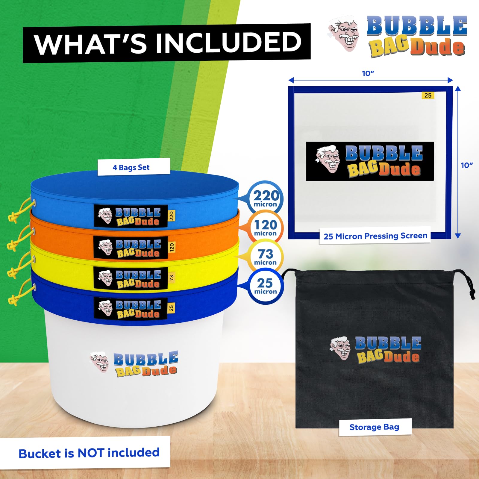BUBBLEBAGDUDE Bubble Bags 5 Gallon 4 Bags Set - Herbal Ice Bubble Bag Essence Extractor Kit - Plant & Herb Extraction Bubble Bags with 10 x 10β Pressing Screen & Storage Bag (220 to 25-Micron Bags)