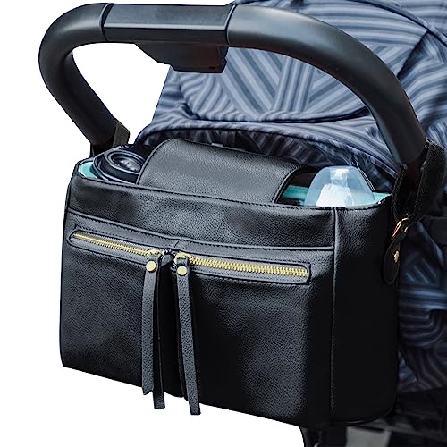 MOMINSIDE Stroller Organizer with Insulated Cup Holders, 10 Pockets Stroller Accessories Leather, Universal Stroller Caddy, Adjustable Straps, Zippered Pocket, Fit All Strollers (Black)