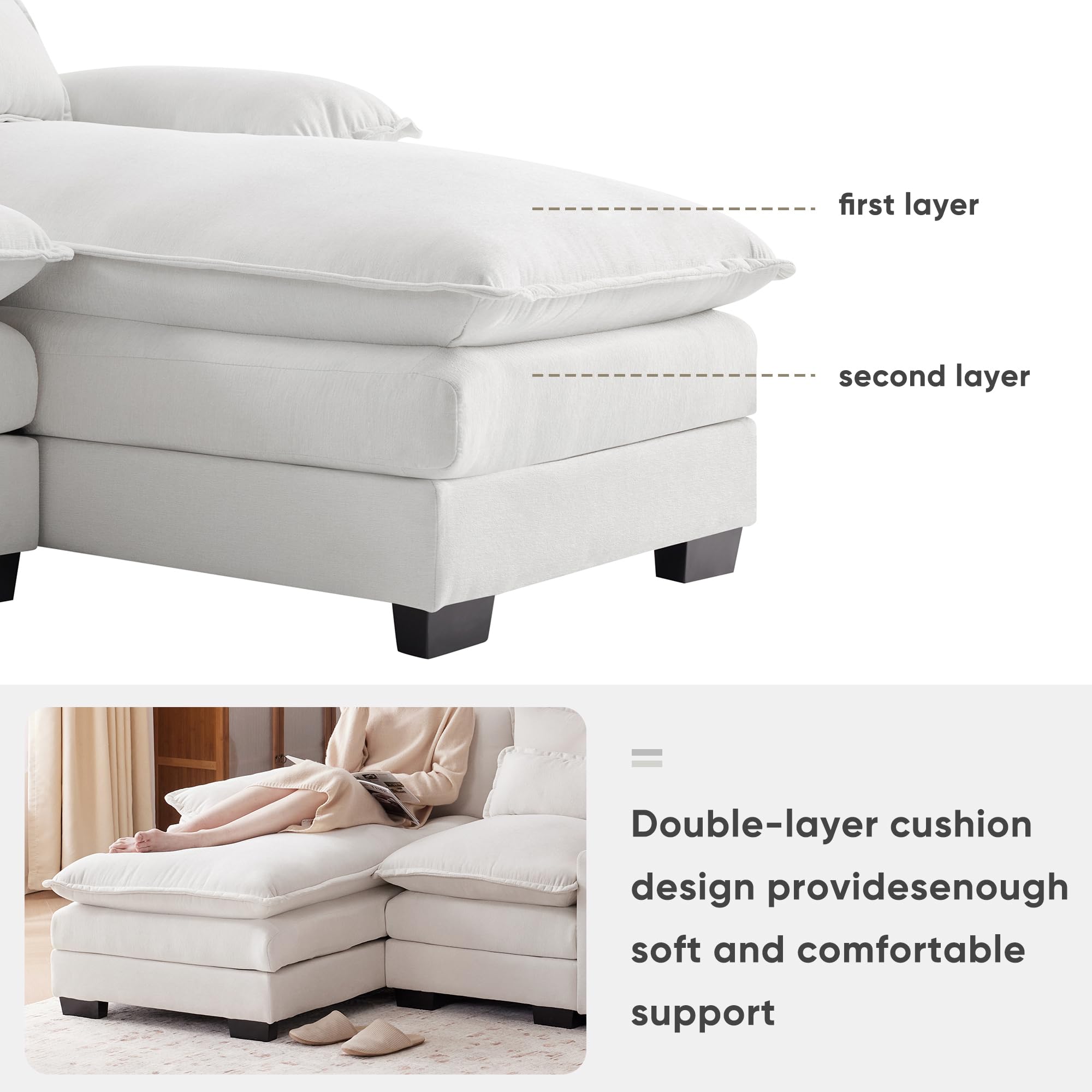 GNNIXUU 123" Modular Sectional Sofa Couch for Living Room, Modern Comfy U-Shaped Sectional Cloud Couch with Console, Cupholders and USB Ports, Chenille 4 Seat Couch Set with Chaise(White)