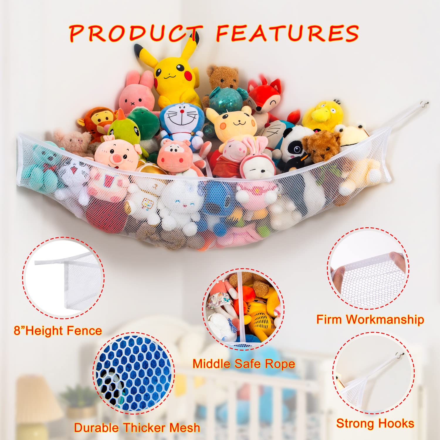 X-Large Stuffed Animal Net Hammock Corner (Min 3’6” Right-angled Corner Space Each Side) Toy Organizer for Plushies Hanging Holder for Organizing your Teddy and Squishmallow (White, X-Large)