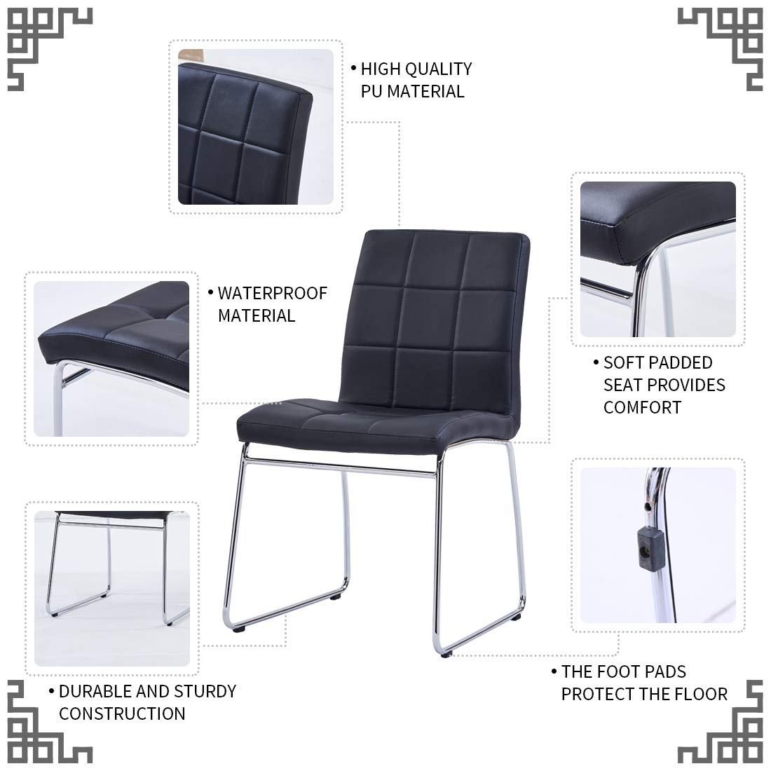 Black Dining Room Chairs Set of 2, Modern Accent Kitchen Chairs with Faux Leather Soft Padded Back in Checkered Pattern and Chrome Legs, Comfortable Side Chair for Indoor Use:Living Room Waiting Room